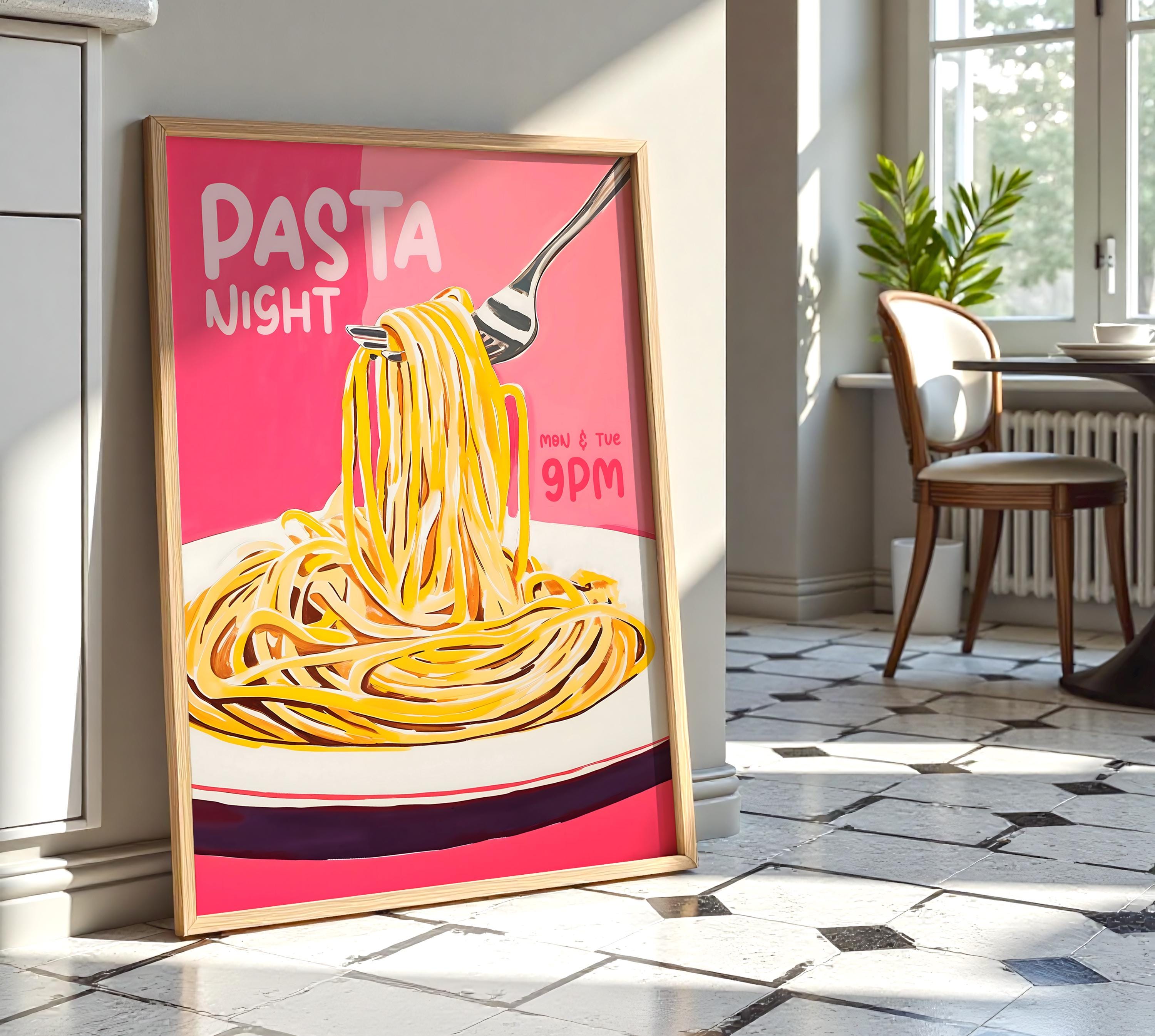 Pasta Night Vintage Food Poster, Fun Modern Illustration, Kitchen Wall ...