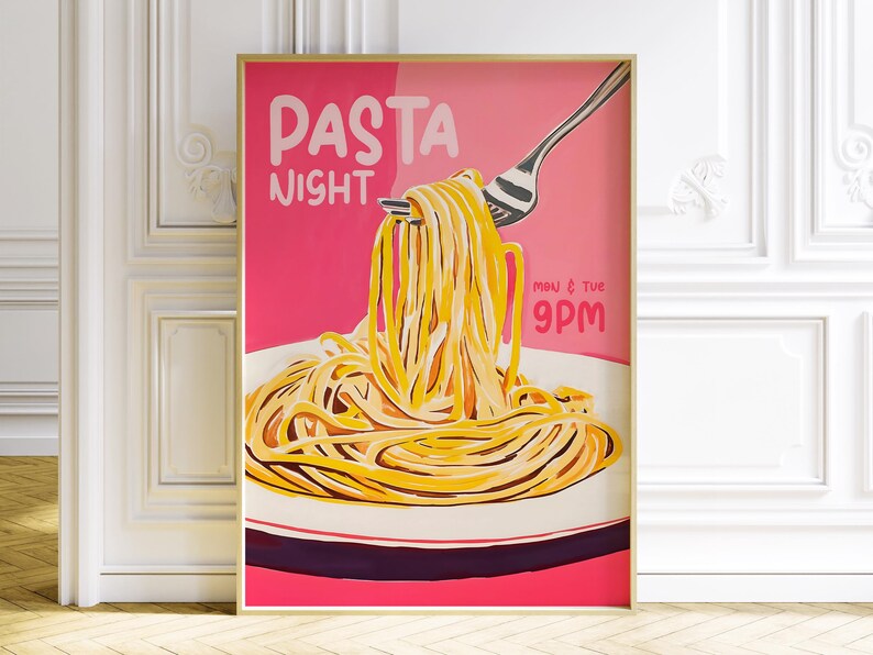 Pasta Night Vintage Food Poster, Fun Modern Illustration, Kitchen Wall ...