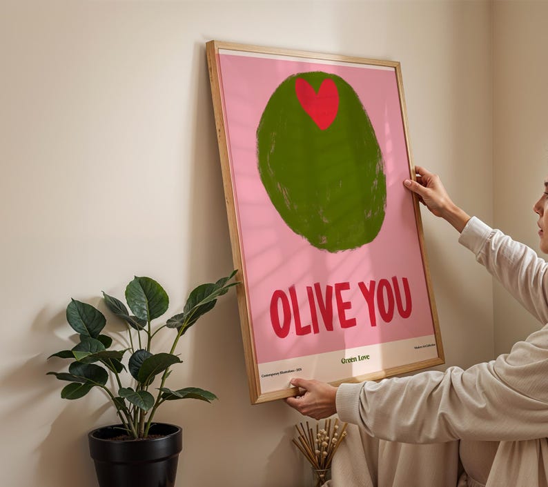 Olive You Print – Cute Pun Wall Art, Minimalist Kitchen Poster, Playful ...