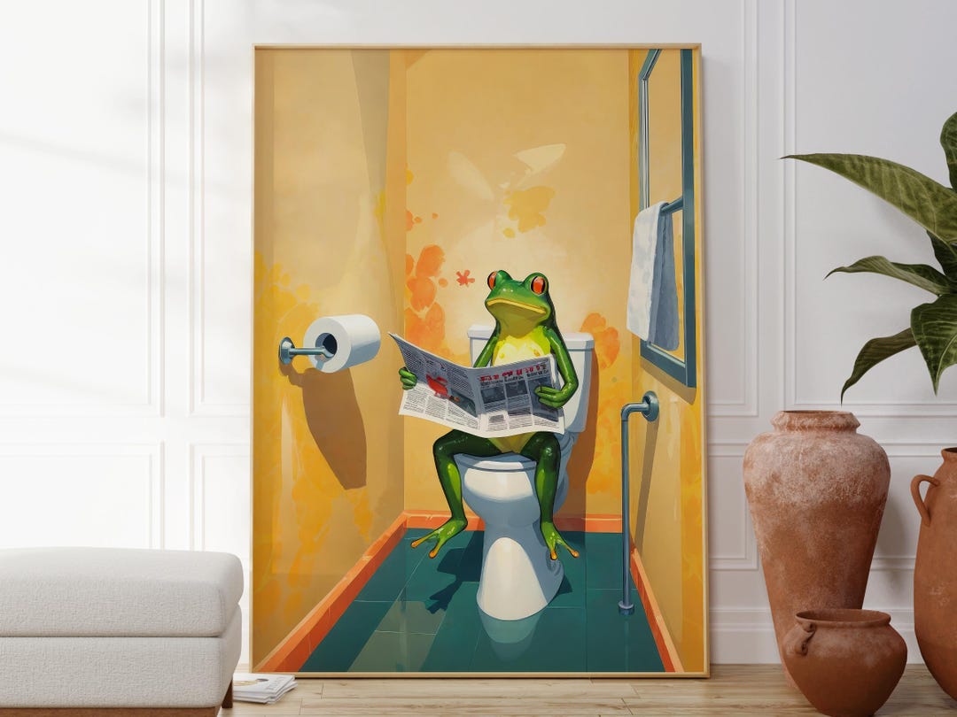 Frog on the Toilet Reading a Newspaper Print, Funny Bathroom Poster ...