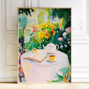 Botanical Book and Tea Art Print, Colourful Garden Flowers Wall Poster ...