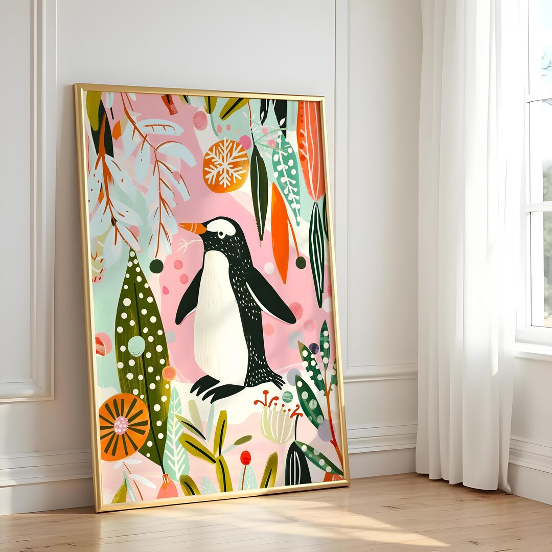 Penguin and Flowers Print, Cute Animal Wall Poster, Nursery Art ...