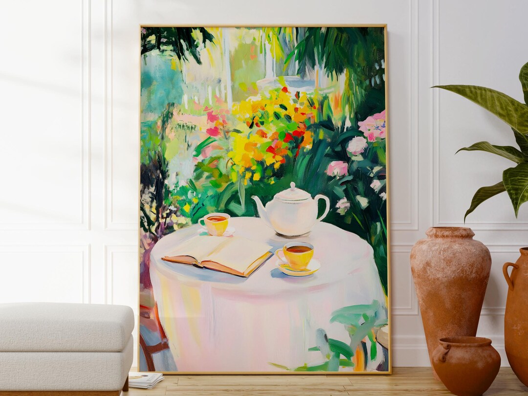 Botanical Book and Tea Art Print, Colourful Garden Flowers Wall Poster ...