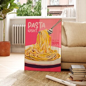 Pasta Night Vintage Food Poster, Fun Modern Illustration, Kitchen Wall ...