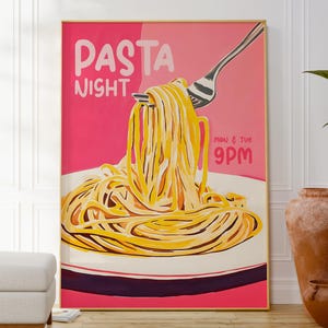 Pasta Night Vintage Food Poster, Fun Modern Illustration, Kitchen Wall ...