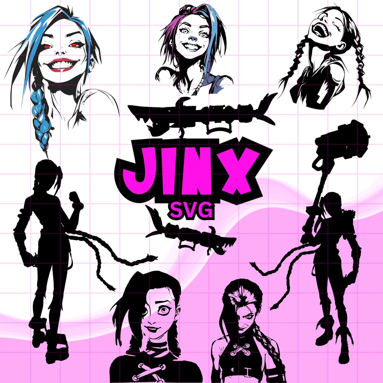 Lot Jinx SVG, Jinx des arcanes, svg League of Legends, silhouette Jinx ...