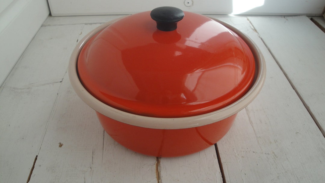 Vintage Enamel Pot Lid Orange - Etsy