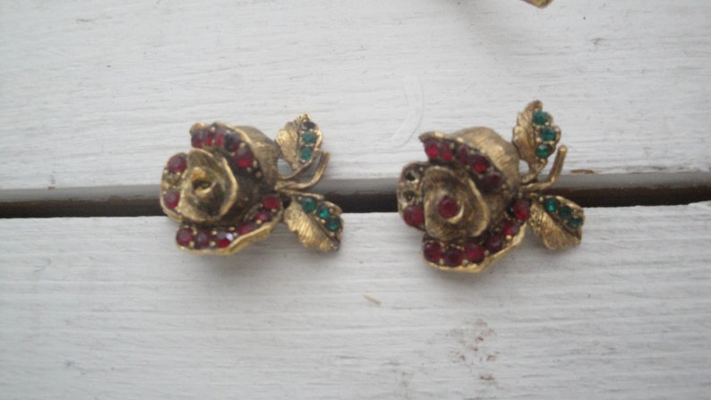 Vintage Red Rose Brooch Earring Set Rhinestone - Etsy