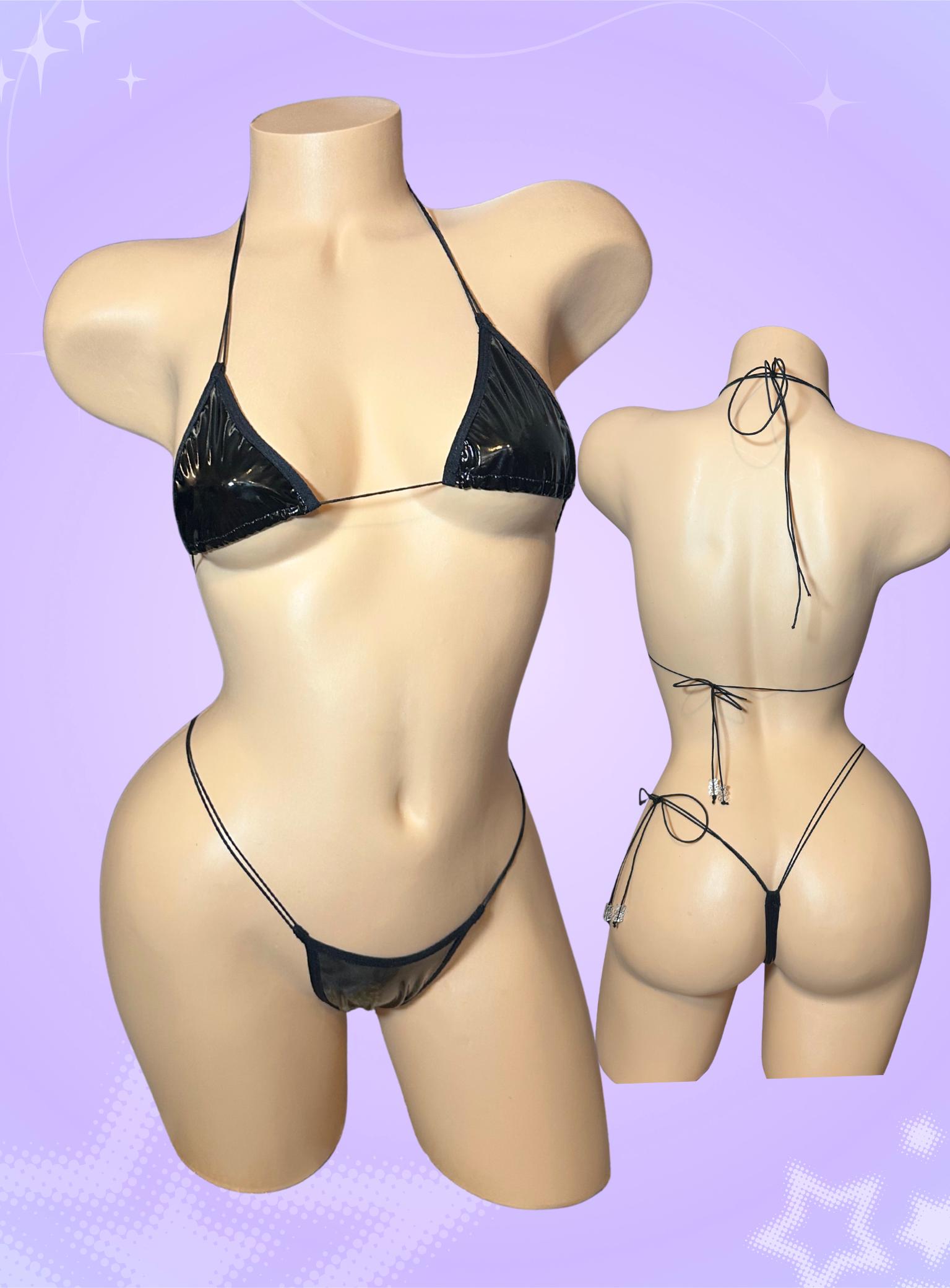 Black Faux Latex PVC Microkini Thong Stripper Bikini; Exotic Dancewear Bottlegirl Outfit - Etsy