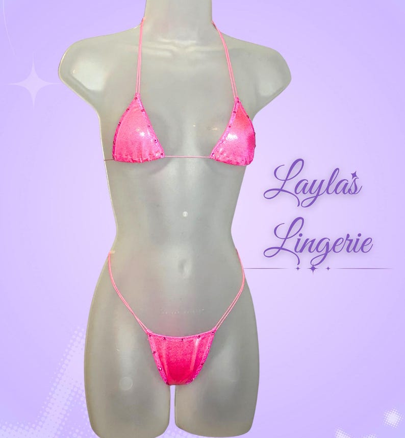 Hot Pink Holographic Low Rise Thong Gemstone Microkini, Exotic Dancewear Stripper Y2K Rhinestone ...