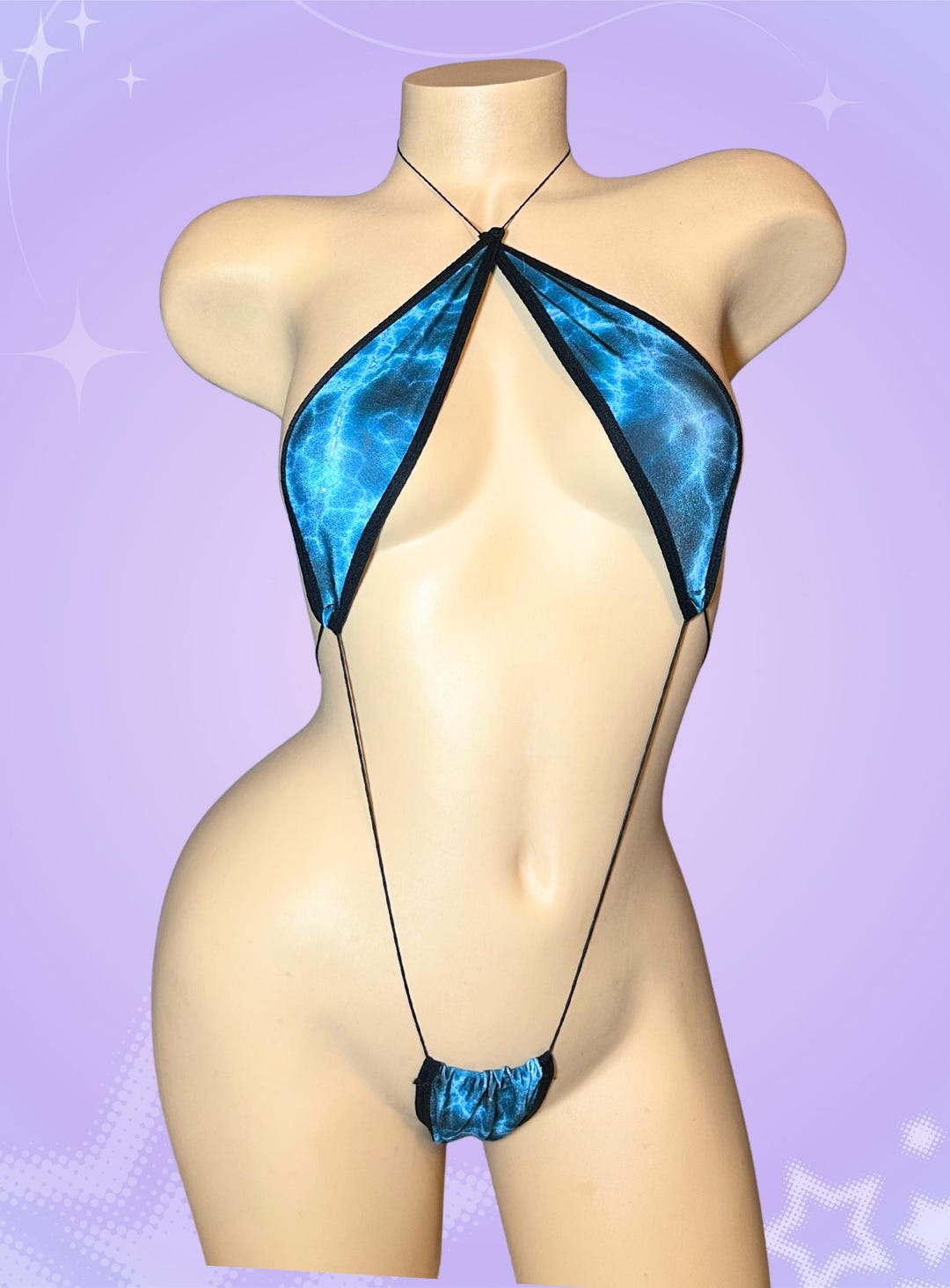 Black and Blue Lightning Print Micro Stripper One Piece Slingshot; Exotic Dancewear Rave ...