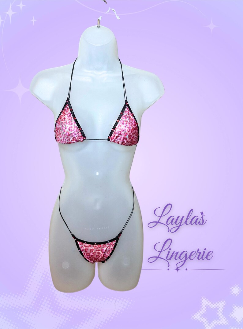 Pink Holographic Cheetah Low Rise Thong Microkini, Exotic Dancewear Stripper Leopard Print Y2K ...