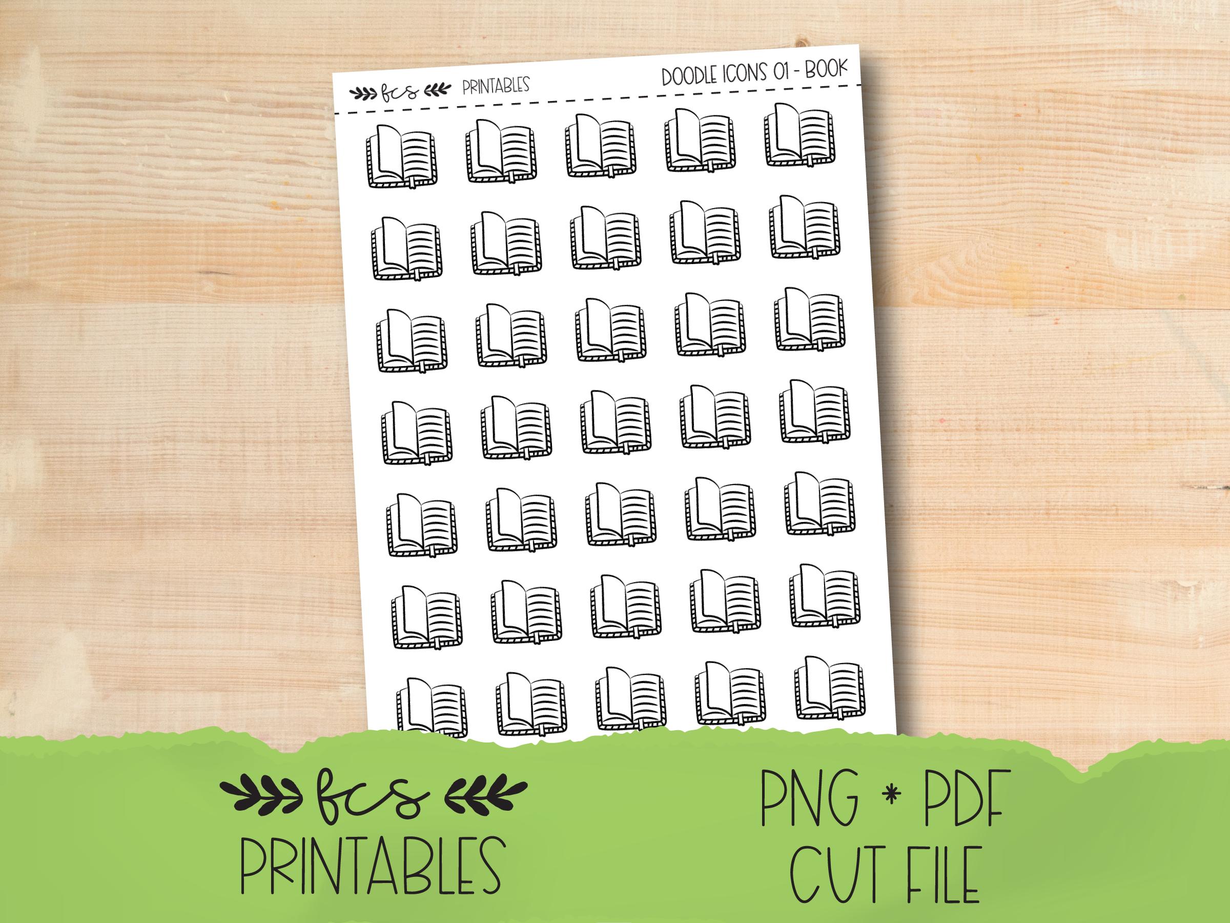Printable BOOK Doodle Icon Stickers in Four Colorways - Etsy
