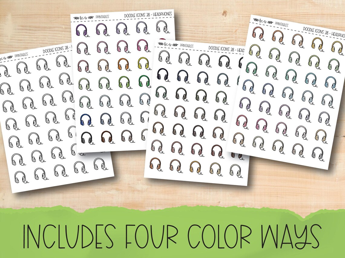 Printable HEADPHONES Doodle Icon Stickers in Four Colorways - Etsy