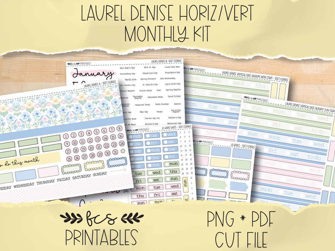 SOFT FLORALS Laurel Denise Horizontal and Vertical Printable Monthly ...
