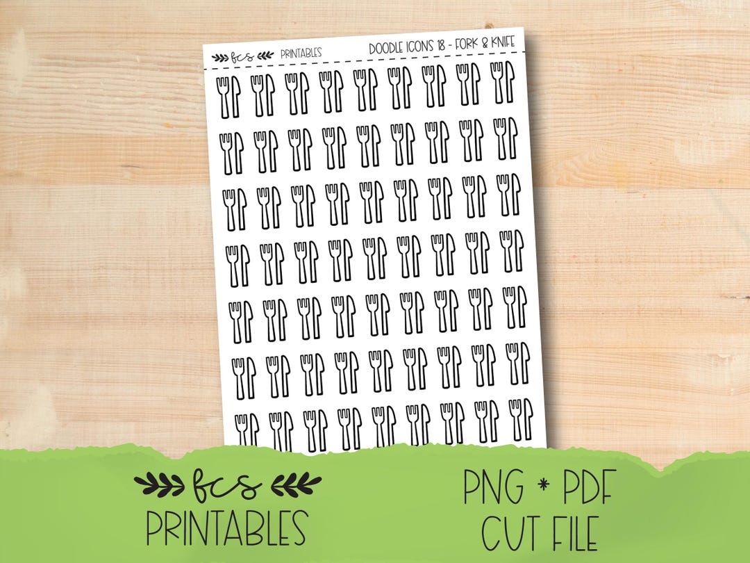 Printable FORK & KNIFE Doodle Icon Stickers in Four Colorways - Etsy