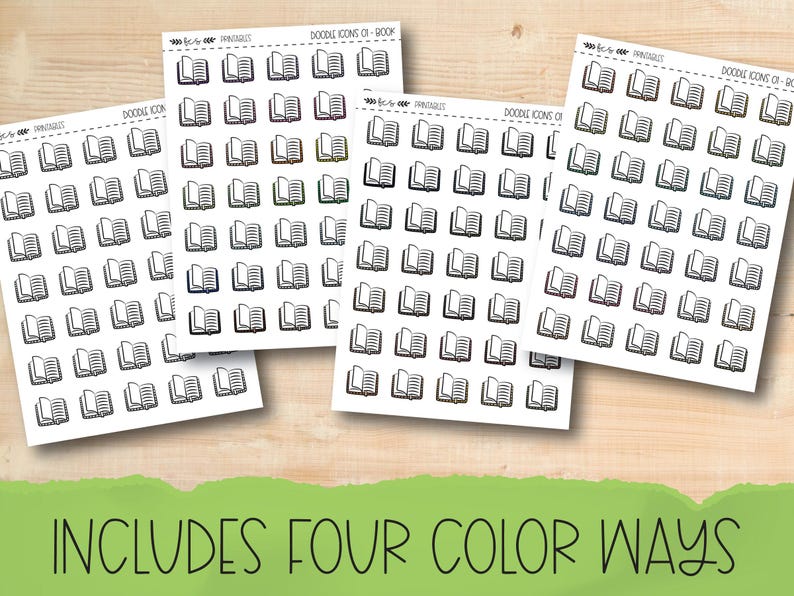 Printable BOOK Doodle Icon Stickers in Four Colorways - Etsy