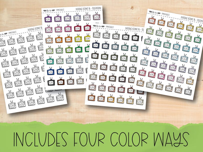 Printable TELEVISION Doodle Icon Stickers in Four Colorways - Etsy