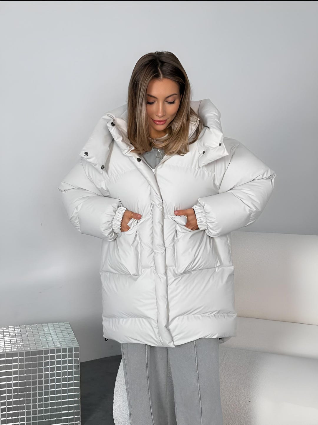 Pearl Light Blue Hooded Puffer Jacket for Women | Quilted Warm Winter ...