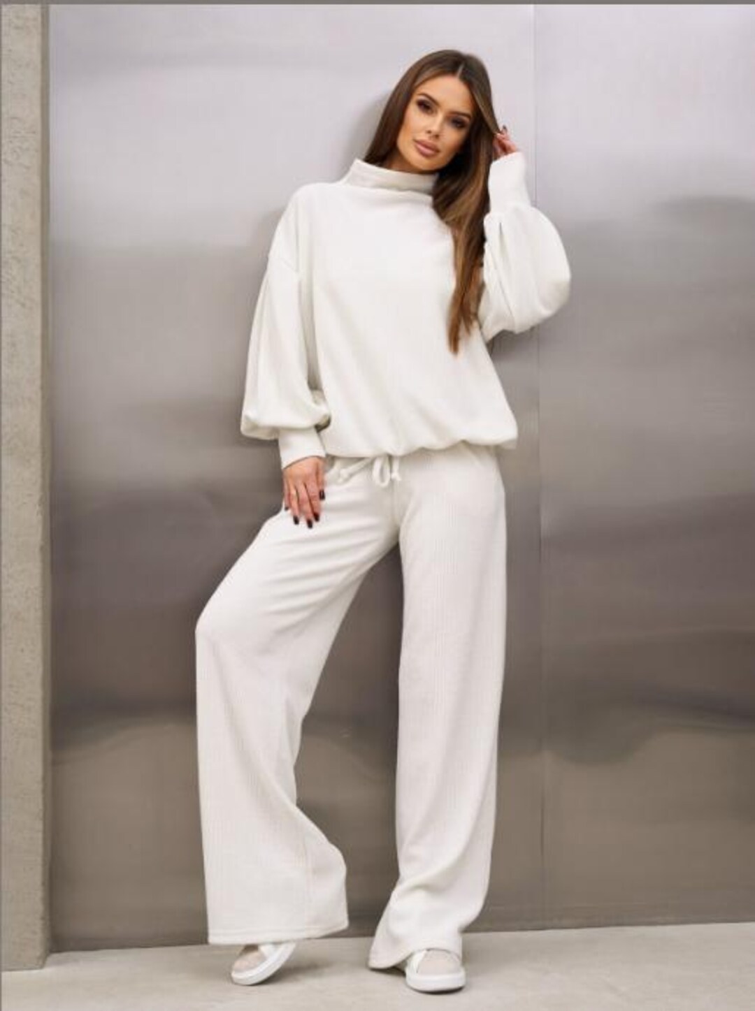 White Angora Knit Set With Voluminous Sleeves – Soft Two Piece ...