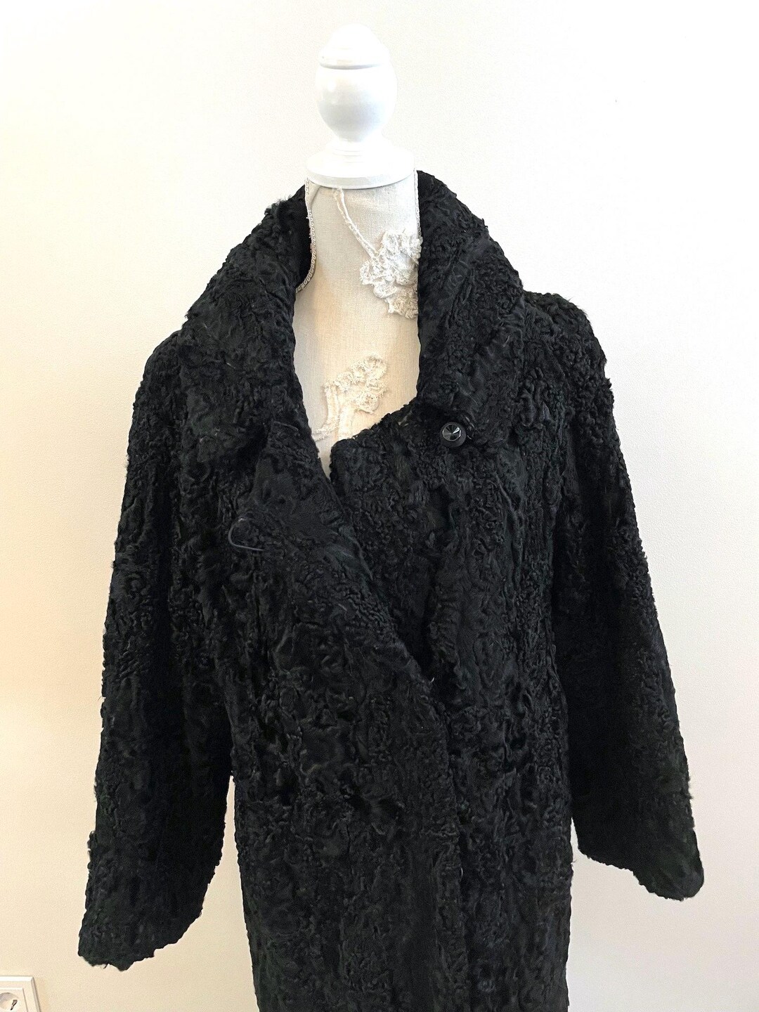 Vintage 70s - 80s Coat Black Caracul Fur Women's Outwear Curly Lamb ...