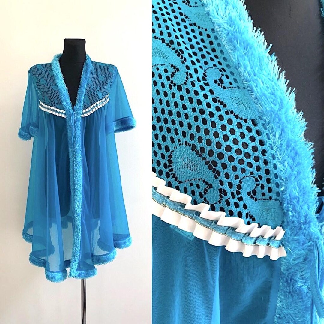 Blue Sexy Dressing Gown Peignoir Pin up Neglige Lace Lingerie Flirty ...