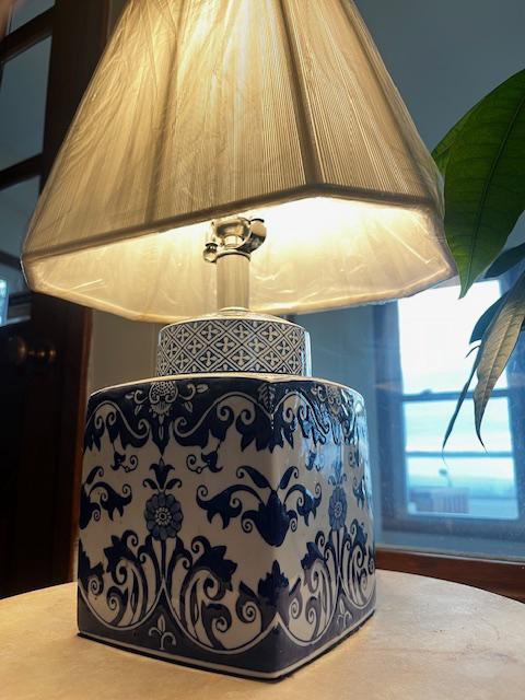 Vintage Porcelain Blue and White Square Table Lamp With String ...