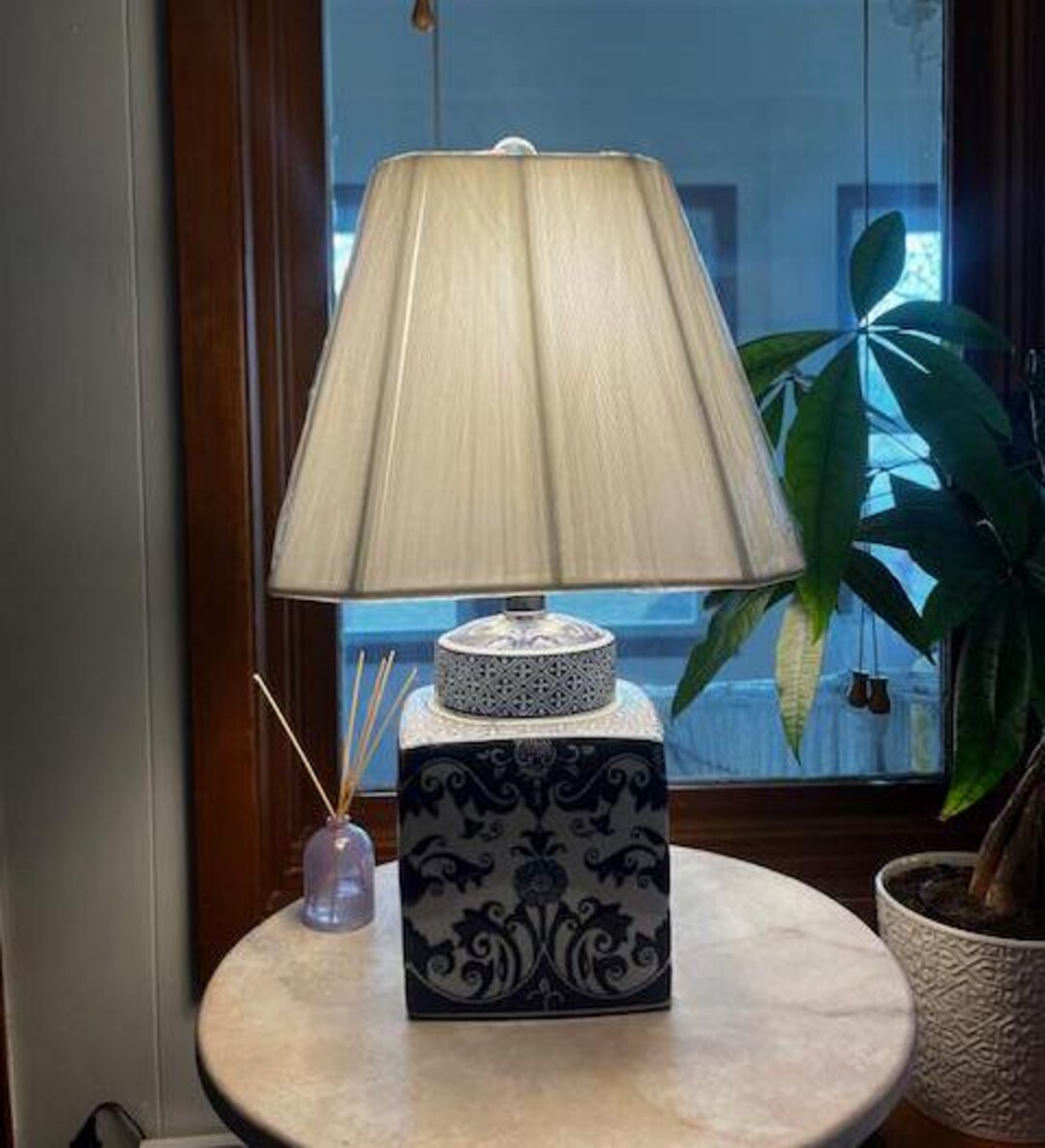 Vintage Porcelain Blue and White Square Table Lamp With String ...