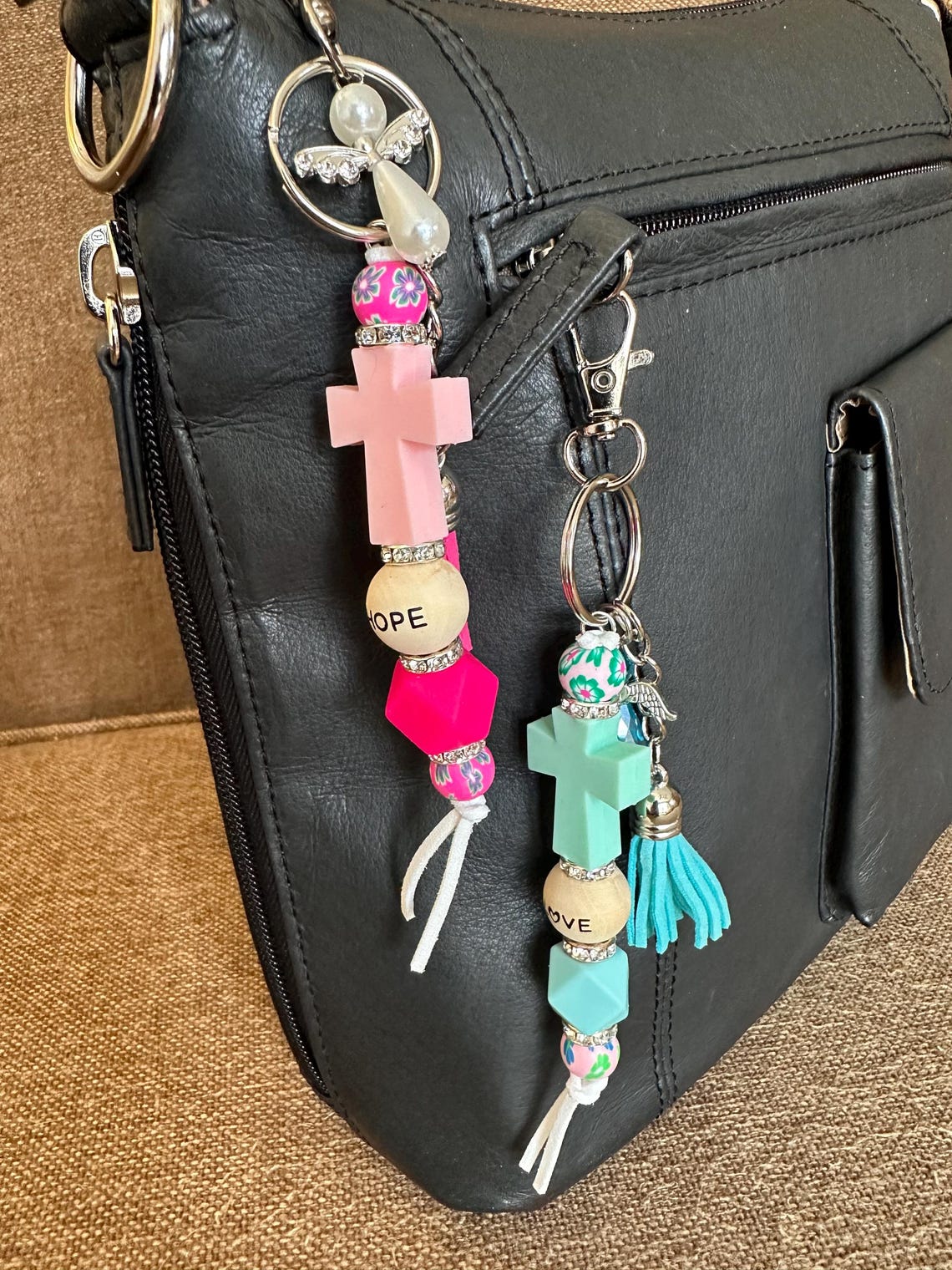 Cross Keychain With Colorful Floral Beads and Travel Angel Charm - Etsy