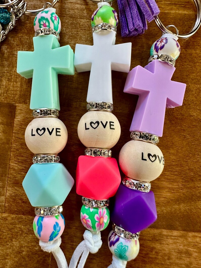 Cross Keychain With Colorful Floral Beads and Travel Angel Charm - Etsy