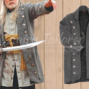 Men's Blackbeard Pirate Captain Coat | Grey Admiral Buccaneer Jacket ...