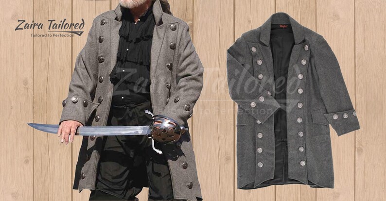 Men's Blackbeard Pirate Captain Coat | Grey Admiral Buccaneer Jacket ...