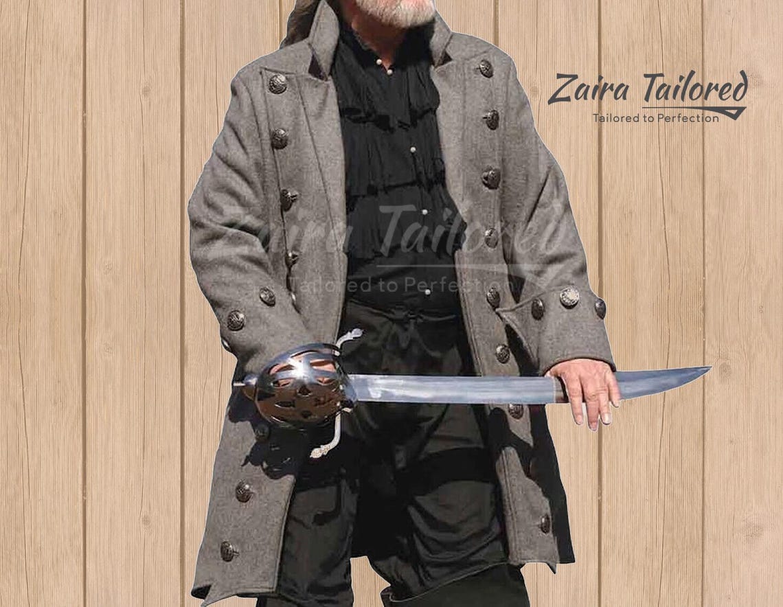 Men's Blackbeard Pirate Captain Coat | Grey Admiral Buccaneer Jacket ...
