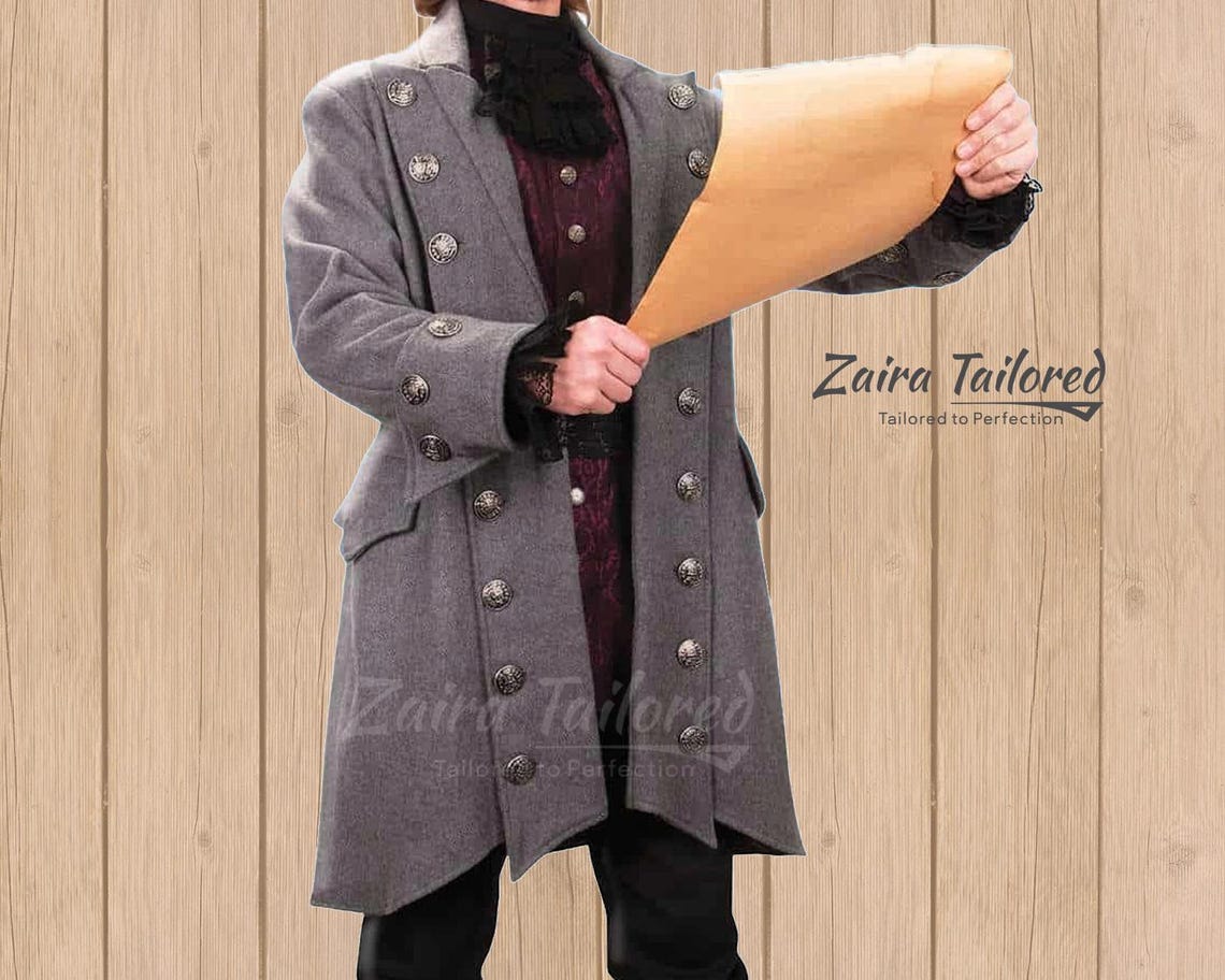 Men's Blackbeard Pirate Captain Coat | Grey Admiral Buccaneer Jacket ...