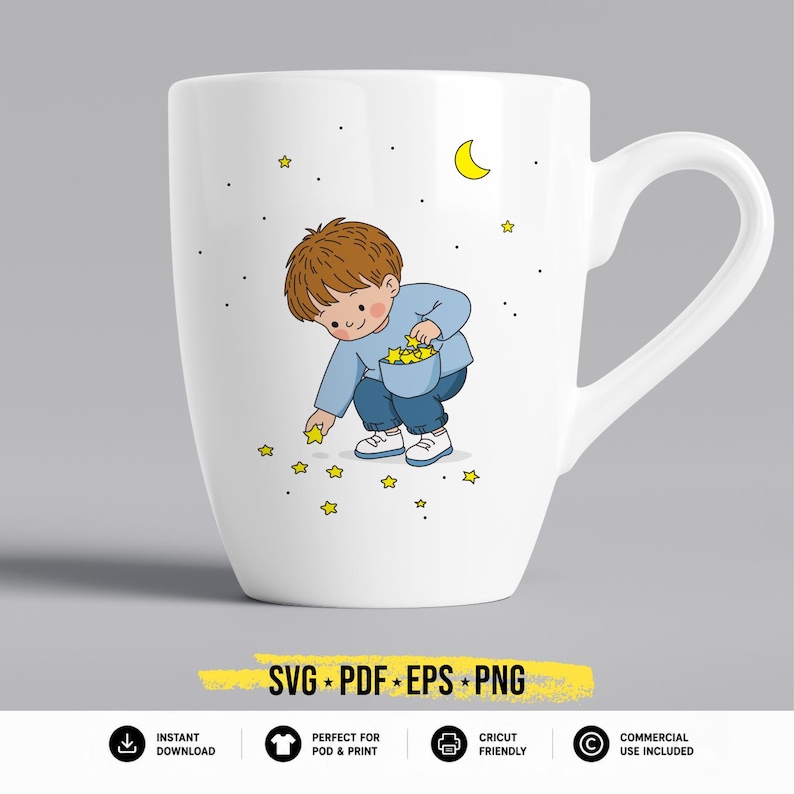 Storybook Kid Illustration SVG, Cute Celestial Clipart, Dreamy Nursery ...