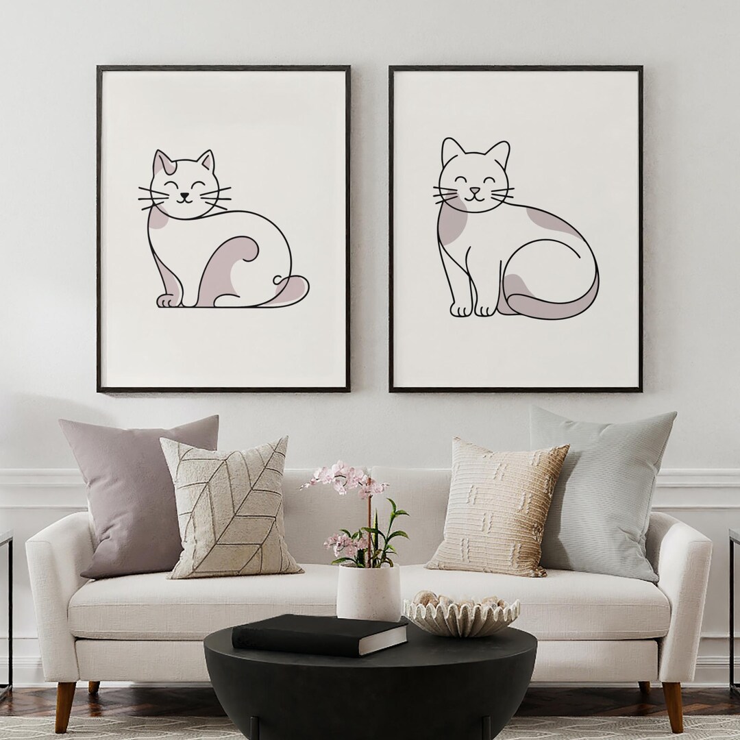 Set of Cat Line Art Prints, Printable Cat Poster Bundle, Cute Cat Wall ...