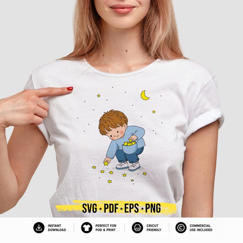 Storybook Kid Illustration SVG, Cute Celestial Clipart, Dreamy Nursery ...