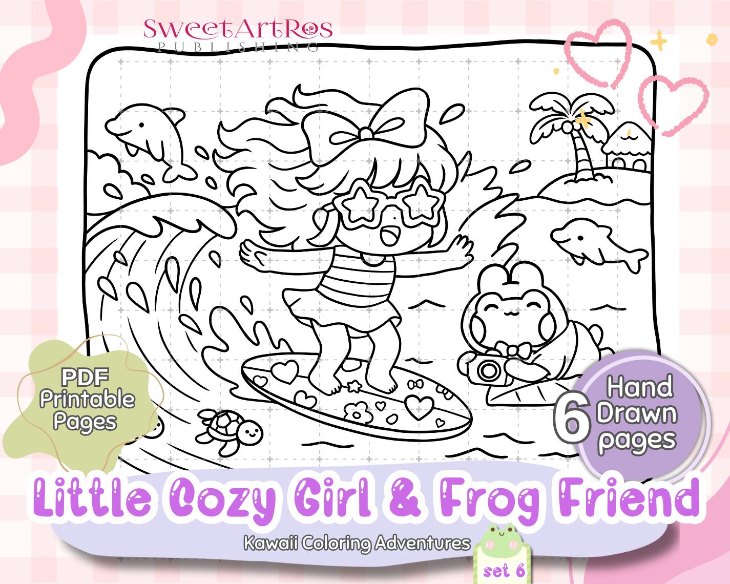 Kawaii Summer Coloring Pages: Cozy Girl & Frog Vacation (A4 PDF ...