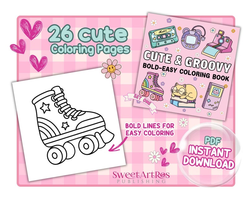 Cute and Groovy Coloring Book: 26 Adorable Bold and Easy Vintage ...