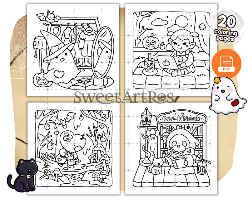 Spooky Hearts Coloring Pages Set2–cute Creepy Creatures in Cozy Hygge ...