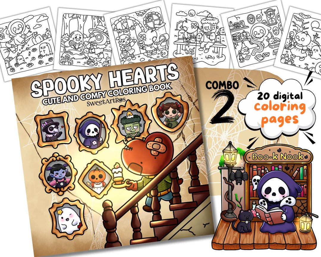 Spooky Hearts Coloring Pages Set2–cute Creepy Creatures in Cozy Hygge ...
