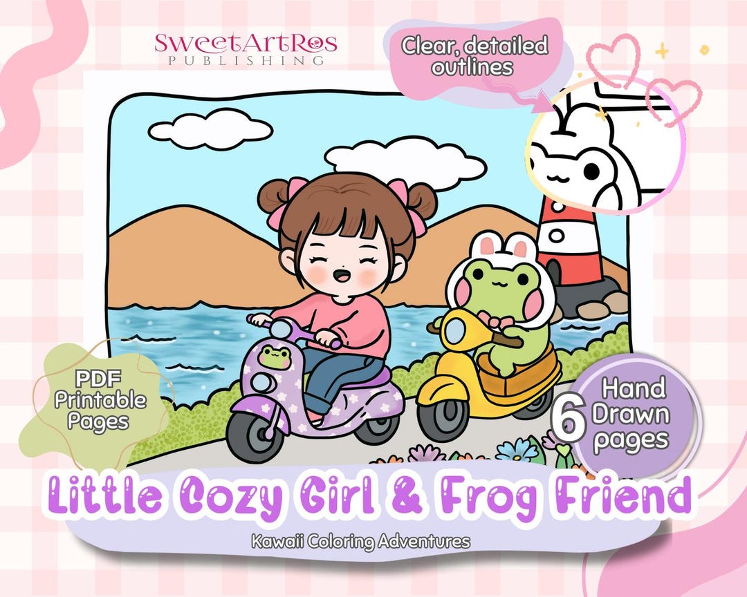 Chibi Kawaii Coloring Pages – Cozy Girl & Frog, Hygge Garden Scenes (A4 ...