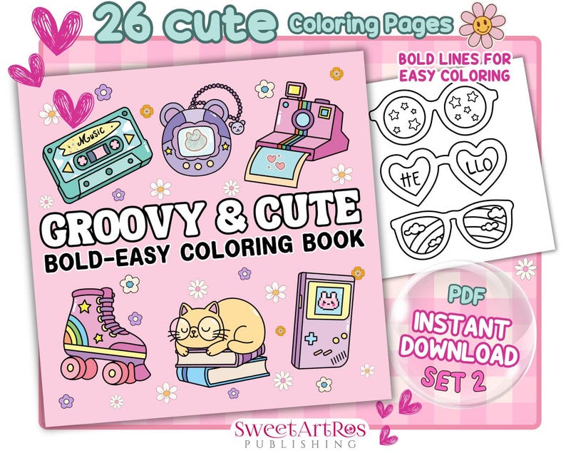 Cute and Groovy Coloring Book: 26 Adorable Bold and Easy Vintage ...