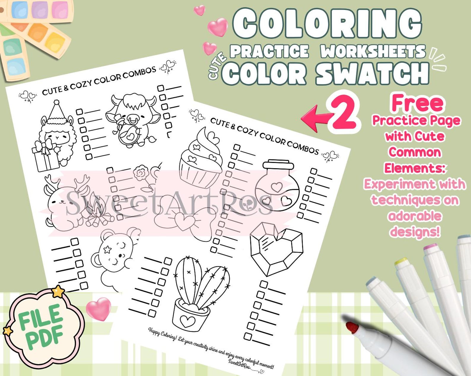Coloring Practice Worksheets, Color Swatch Charts, Blank Layouts for ...