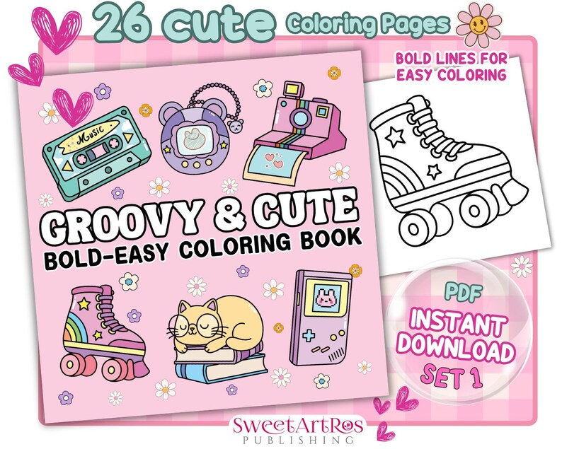 Cute and Groovy Coloring Book: 26 Adorable Bold and Easy Vintage ...