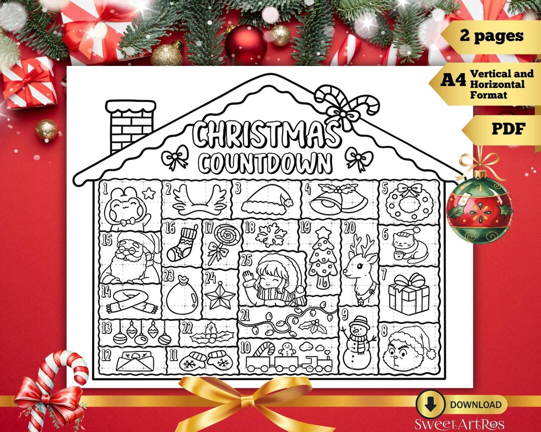 Christmas Advent Calendar Coloring Page, Holiday Countdown (PDF ...