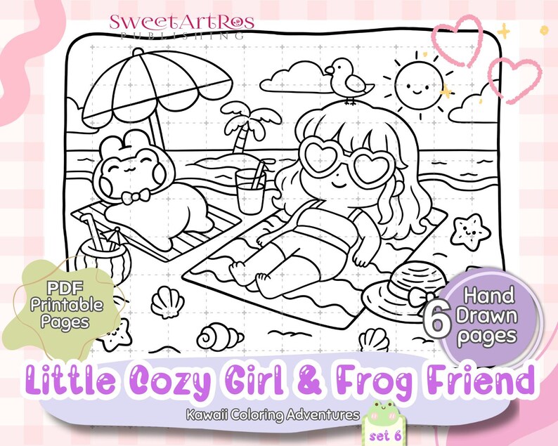 Kawaii Summer Coloring Pages: Cozy Girl & Frog Vacation (A4 PDF ...