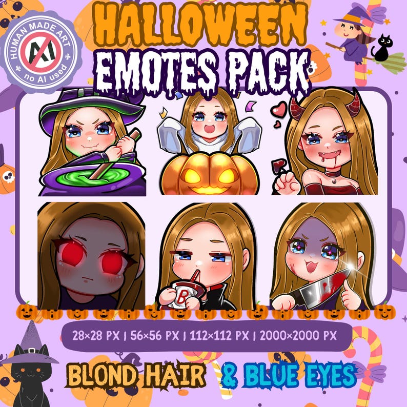 Blond Hair, Blue Eyes Chibi Emote Girl – Halloween Emotes Pack, 6 Cute ...