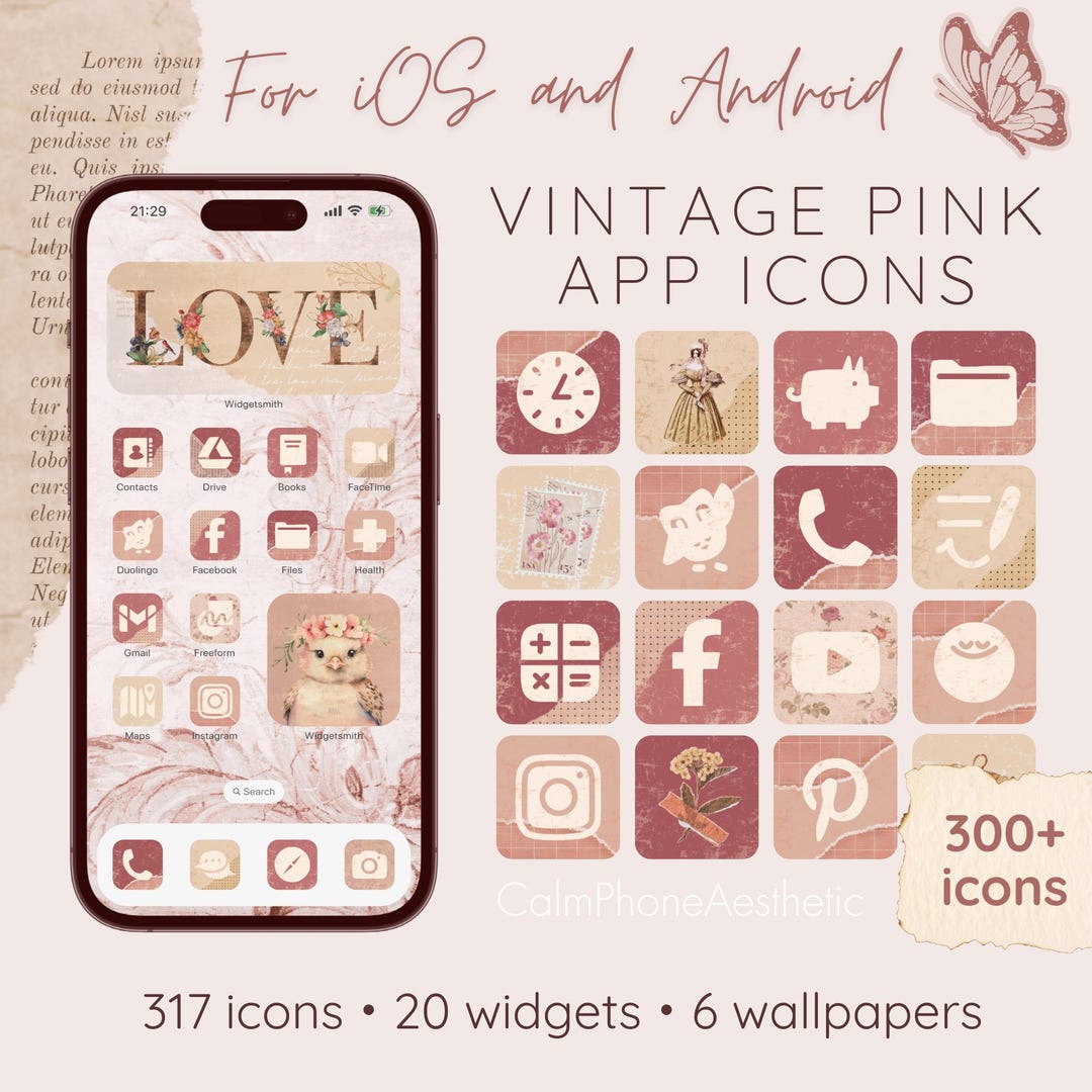 300+ Vintage App Icons, Pink Ios Icons, Retro App Icons Bundle IPHONE ...