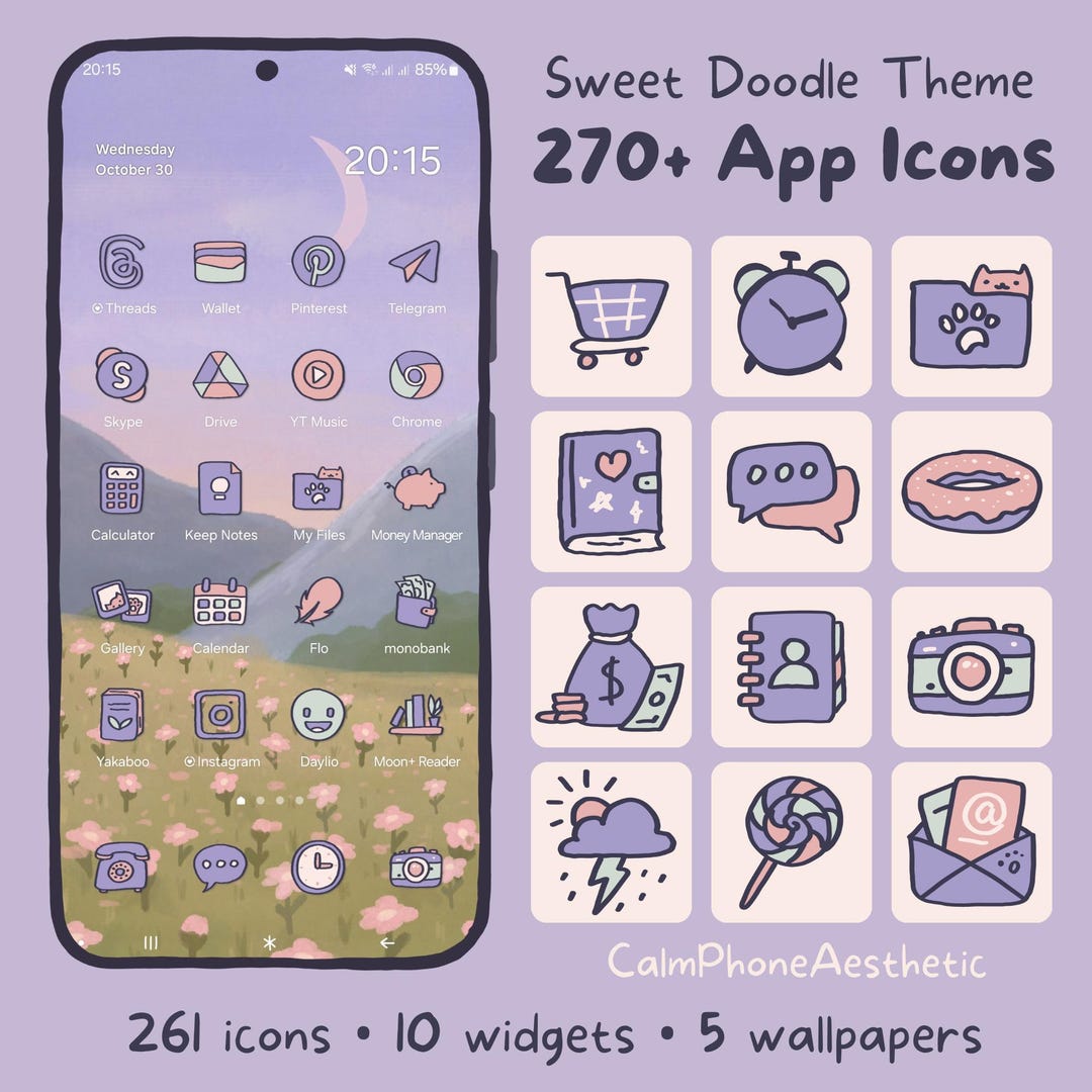 Cute Android Homescreen Icons Pack Purple Theme, Hand-drawn ...